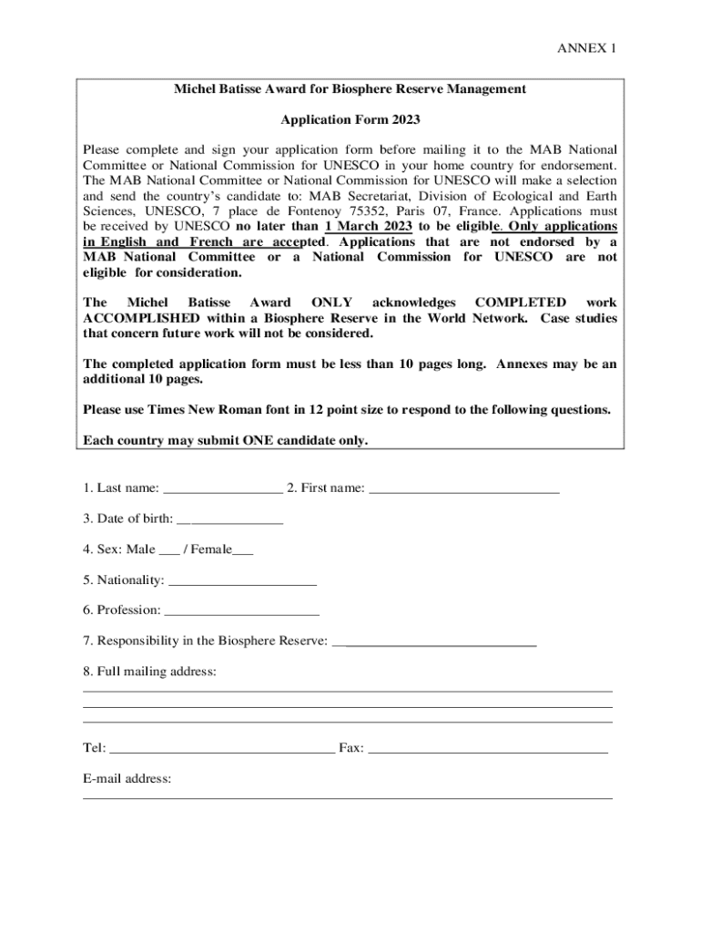 Fillable Online ANNEX 1 Michel Batisse Award for Biosphere Reserve ...