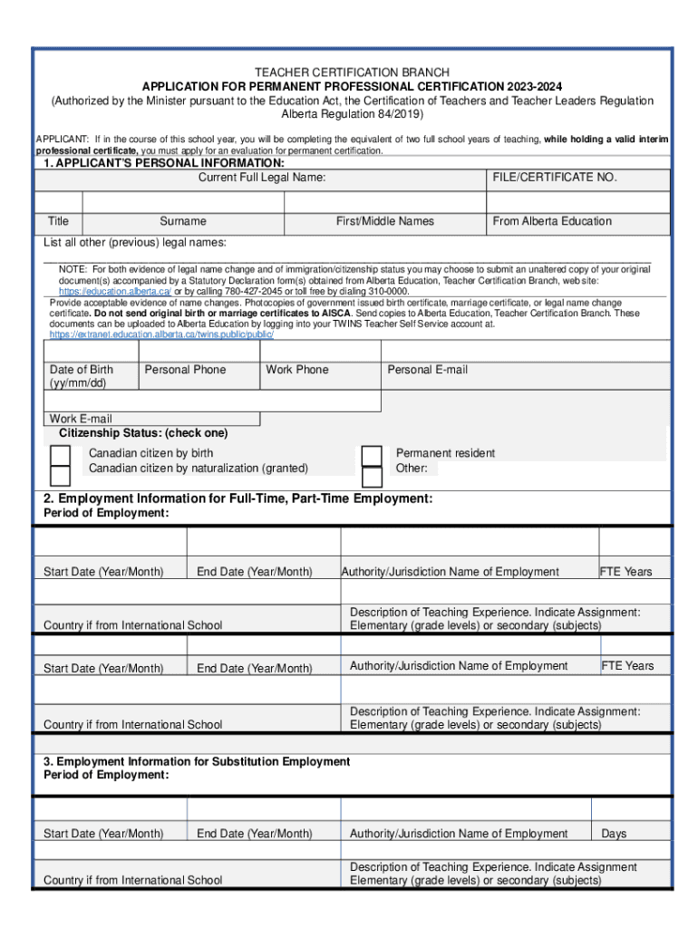 Fillable Online Application for Permanent Professional Certification ...