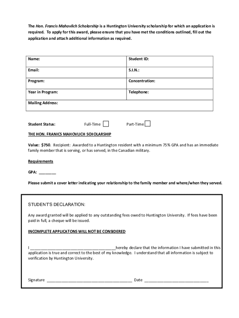Fillable Online The Honourable Francis Mahovlich Scholarship ...