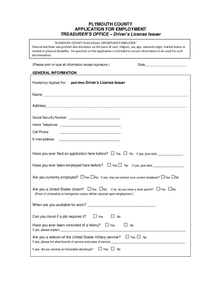 Fillable Online Employment ApplicationPlymouth County Sheriff's Office Fax Email Print - pdfFiller