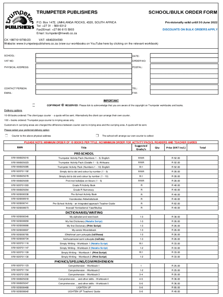 Fillable Online School/bulk order form Fax Email Print - pdfFiller