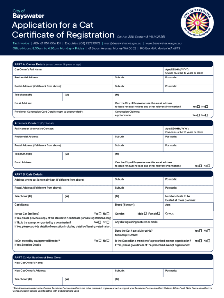 Fillable Online Application for a Cat Certificate of Registration ...