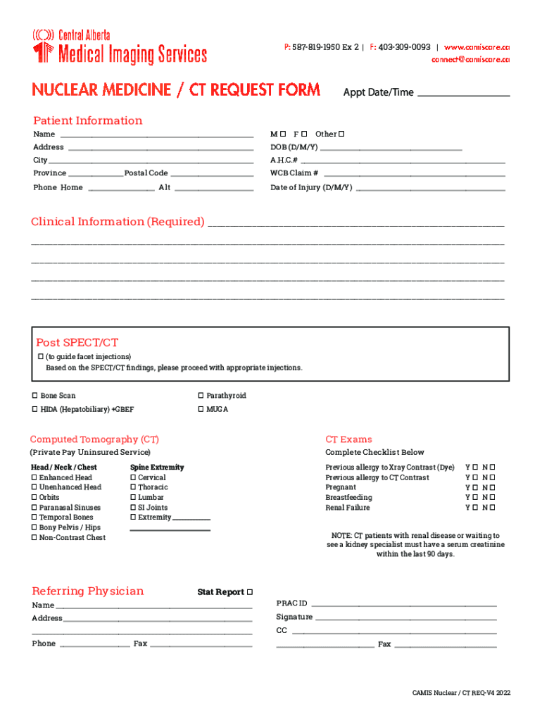 Fillable Online NUCLEAR MEDICINE / CT REQUEST FORM Appt Date/Time Fax ...