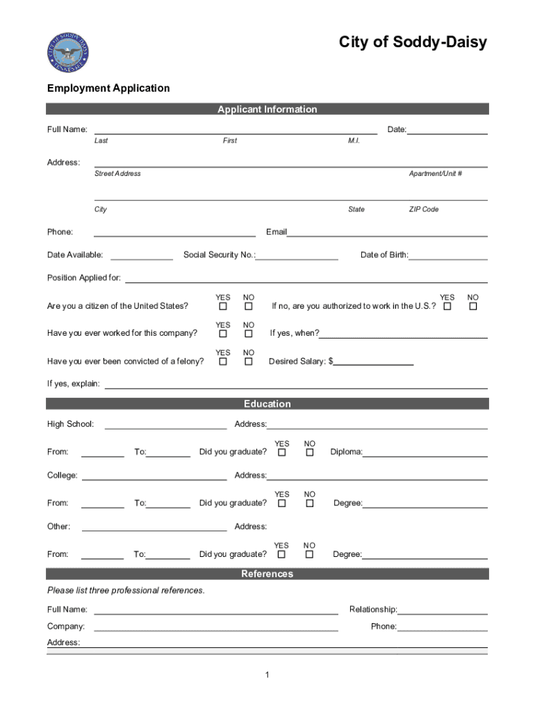 Fillable Online City of Soddy-Daisy - APPLICATION FOR EMPLOYMENT Fax ...