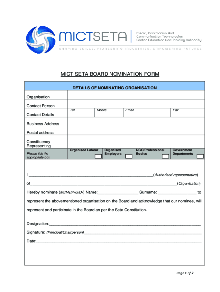 Fillable Online MICT SETA BOARD NOMINATION FORM Fax Email Print - pdfFiller