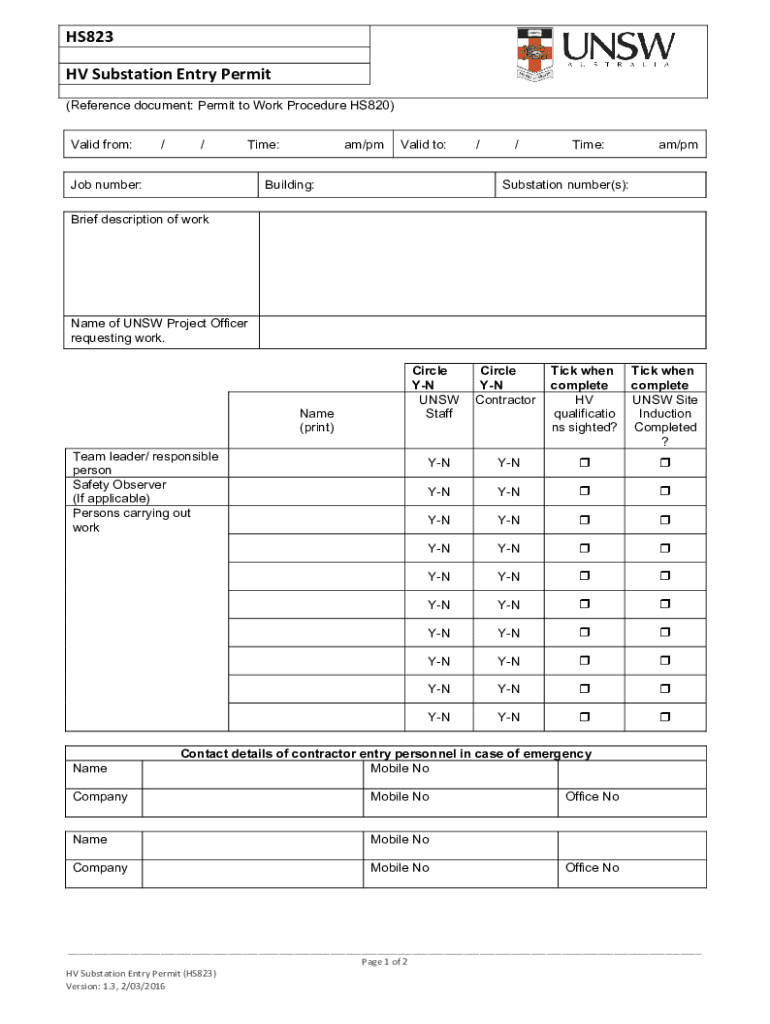 Fillable Online HS823 HV Substation Entry Permit. HS823 HV Substation ...
