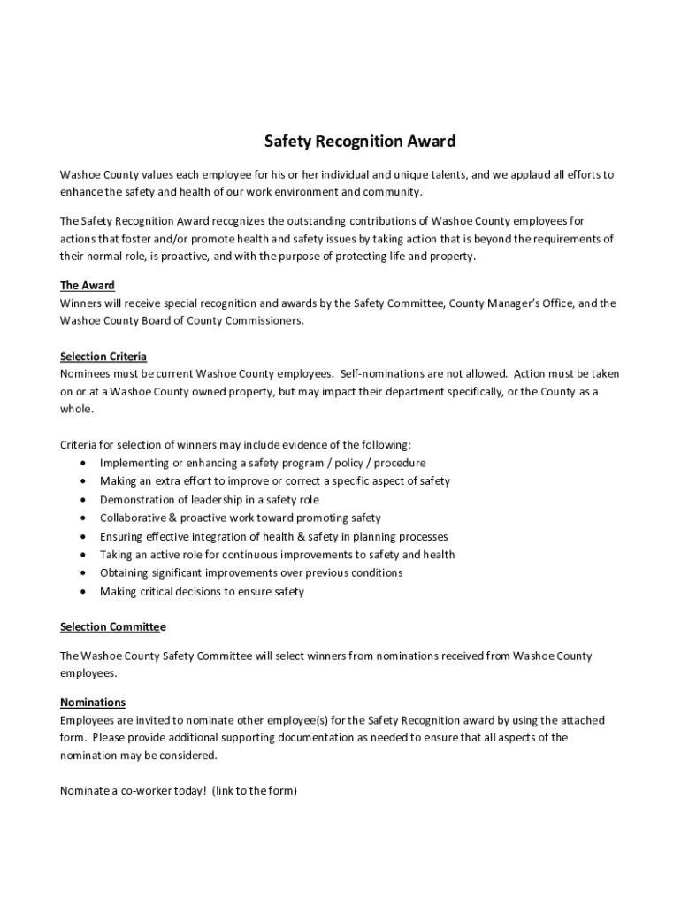 Fillable Online Safety Recognition Award Fax Email Print - pdfFiller