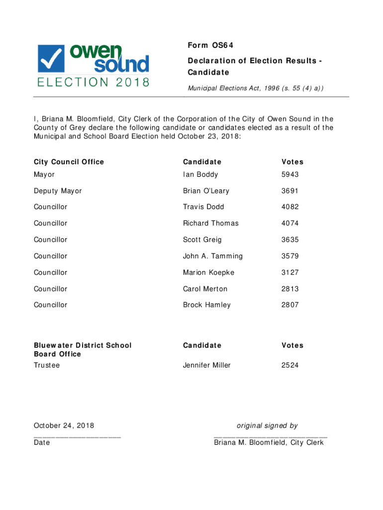 Fillable Online Form OS64 Declaration of Election Results - Candidate ...