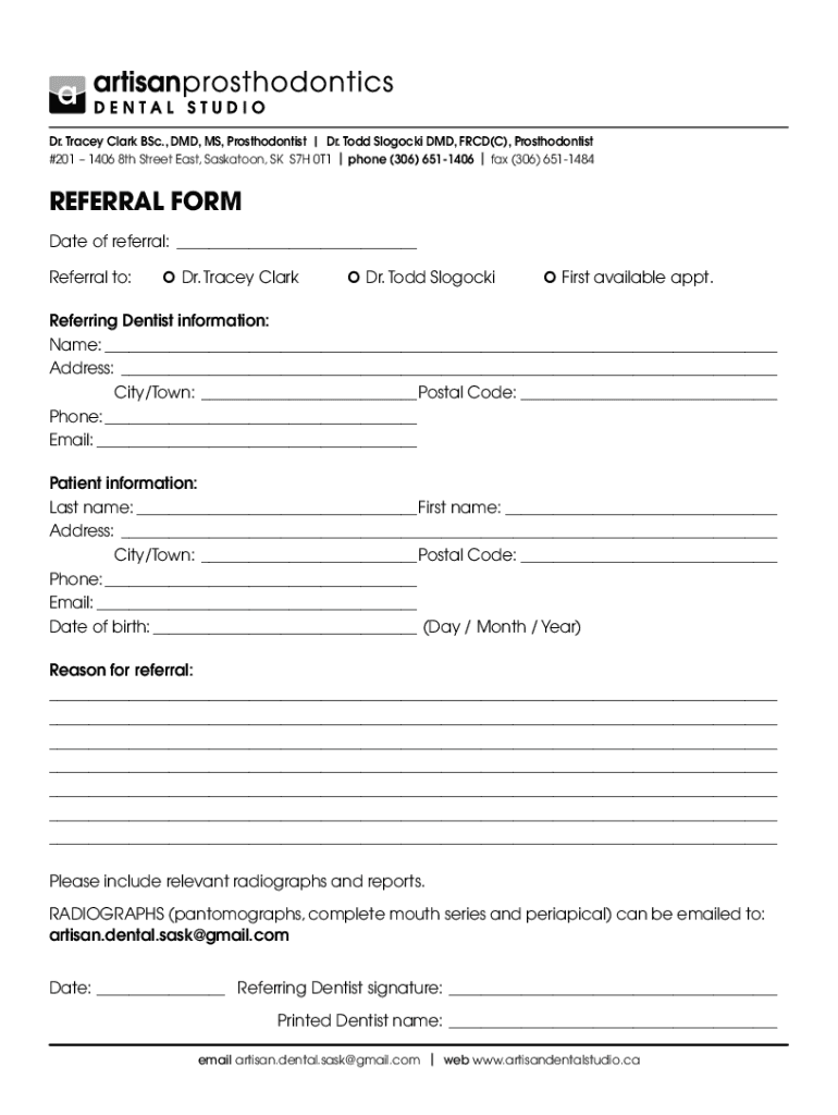 Fillable Online REFERRAL FORM - Artisan Prosthodontics Dental Studio ...