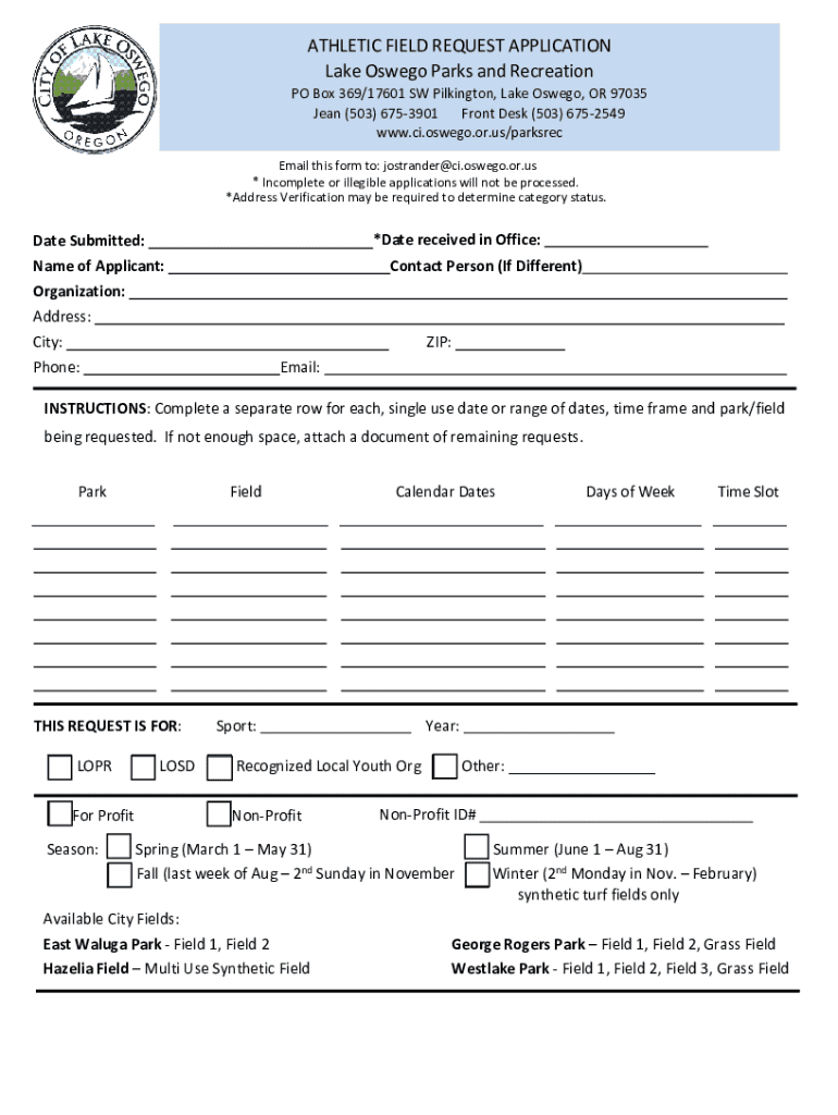 Fillable Online ATHLETIC FIELD REQUEST APPLICATION Lake Oswego ... Fax Email Print - pdfFiller