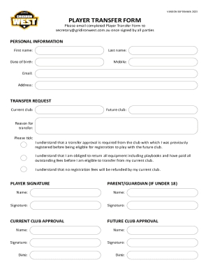 Fillable Online Gridiron West Player Transfer Form Fax Email Print ...