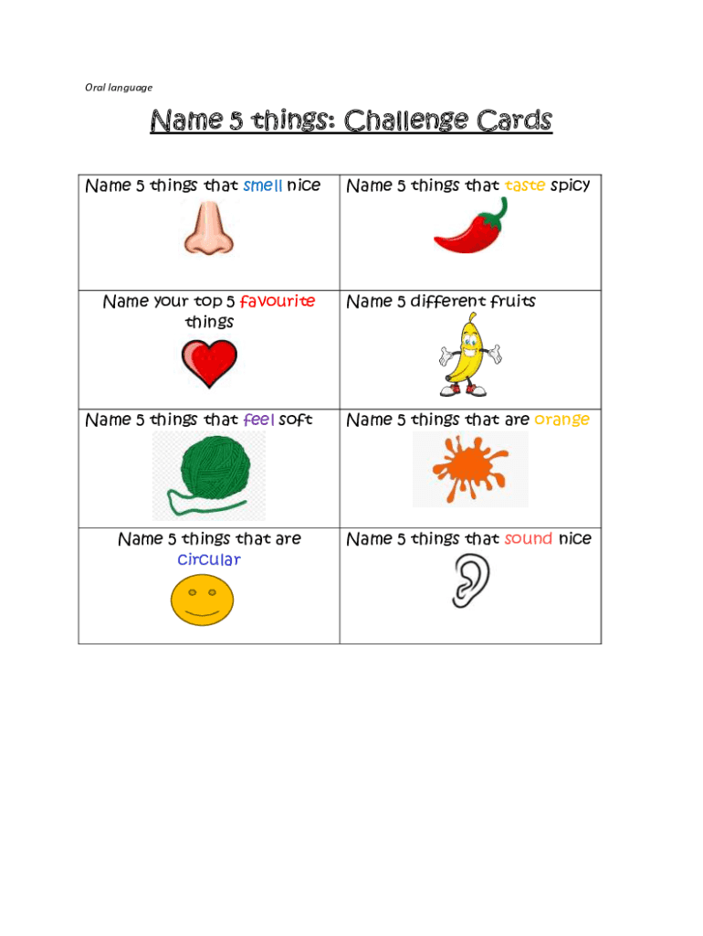 Fillable Online Write the names of five things you like and ... Fax ...