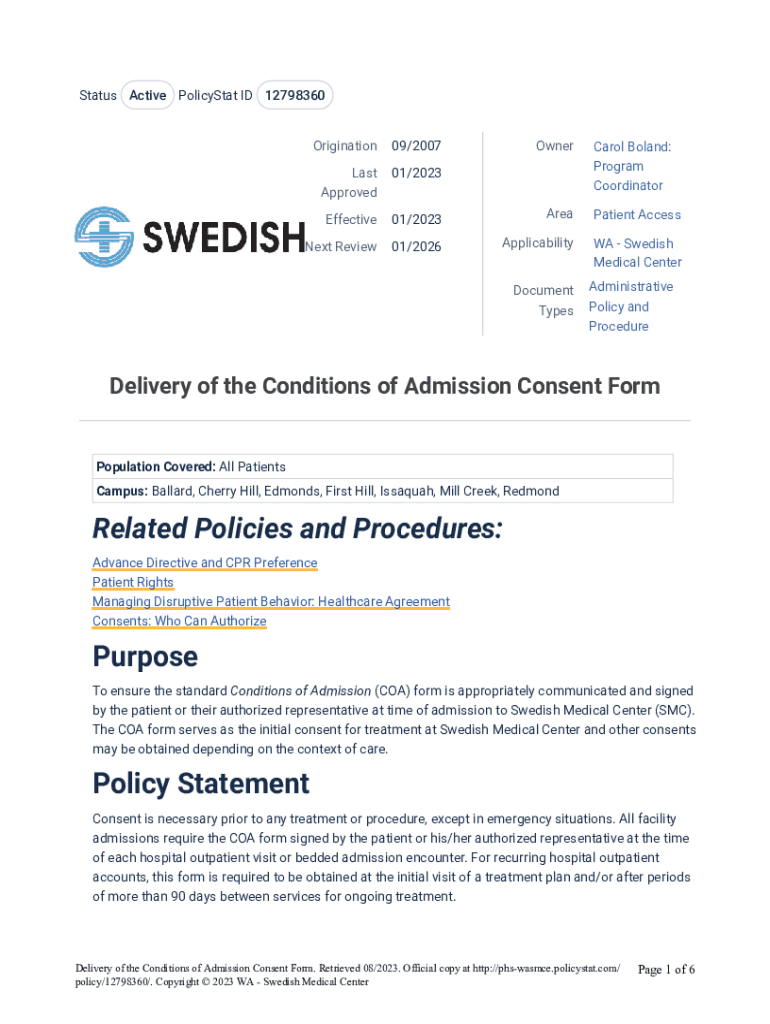 Fillable Online Delivery of the Conditions of Admission Consent Form. WA - Swedish Medical ...