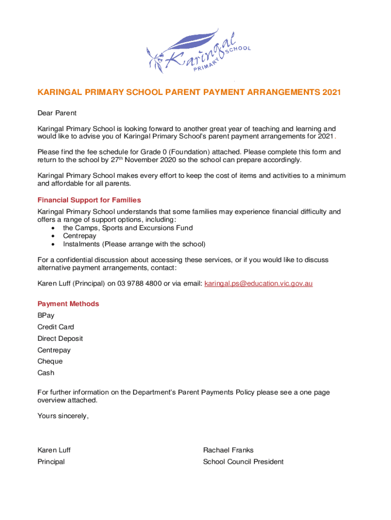 Fillable Online KARINGAL PRIMARY SCHOOL PARENT PAYMENT ... Fax Email ...