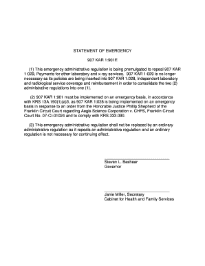 Fillable Online chfs ky STATEMENT OF EMERGENCY 907 KAR 1901E - Kentucky ...