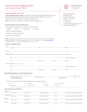 Fillable Online Summer Session Application 2015 - Stanford University ...