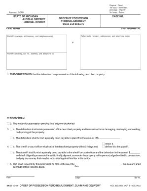 Fillable Online courts mi Order of Possession Pending Judgment, Claim ...