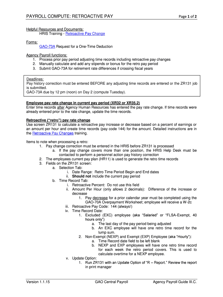 Fillable Online PAYROLL COMPUTE: RETROACTIVE PAY Fax Email Print ...