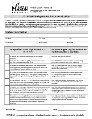 Fillable Online 2014-2015 Independent Student Status Verification Form ...
