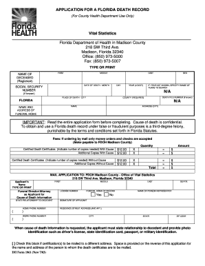 Fillable Online madison floridahealth Death Certificate Application ...