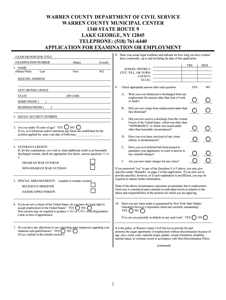 Fillable Online warrencountyny Application for examination or ...