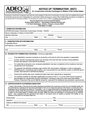 Fillable Online azdeq NOTICE OF TERMINATION (NOT) for Construction ...