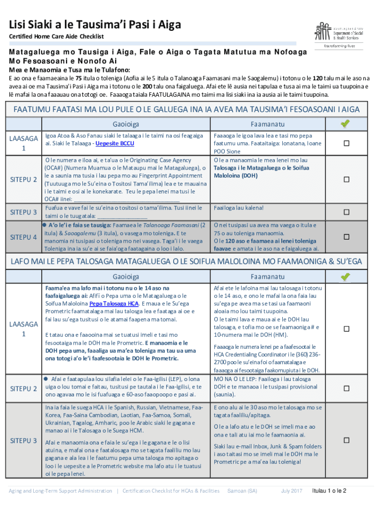 Fillable Online Certified Home Care Aide Checklist SA. Certified Home ...
