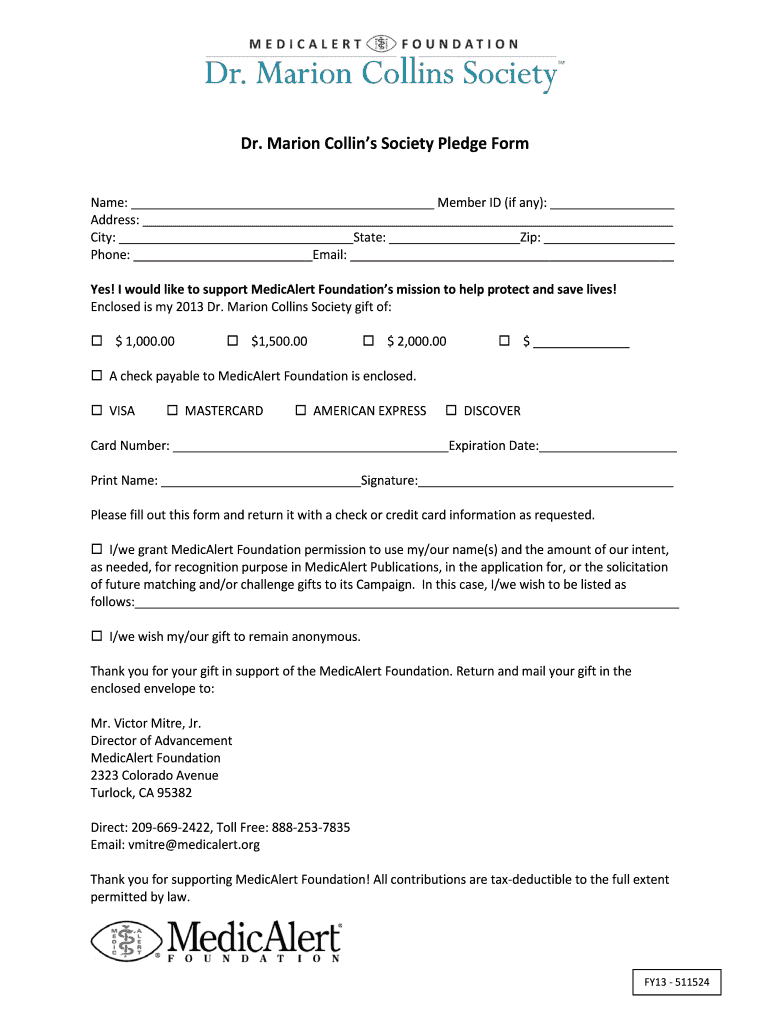 Fillable Online medicalert Dr. Marion Collin's Society Pledge Form ...