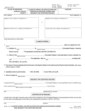 Fillable Online courts mi Claim of Appeal on Application for Concealed ...