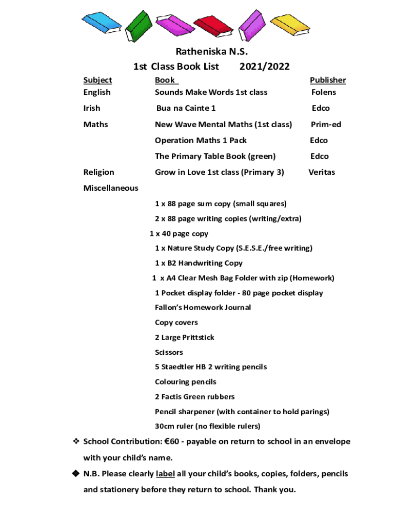 Fillable Online 1st Class Book List Fax Email Print - pdfFiller