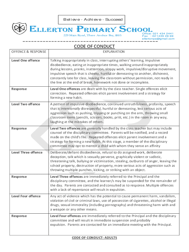 Fillable Online Code of Conduct - ELLERTON PRIMARY SCHOOL Fax Email ...