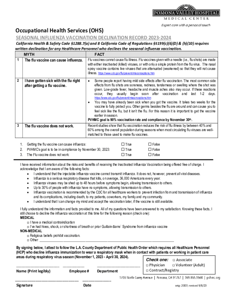 Fillable Online Occupational Health Services (OHS) - SEASONAL INFLUENZA ...