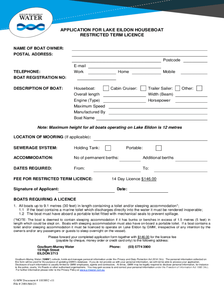 Fillable Online application for lake eildon houseboat restricted term licence Fax Email Print ...