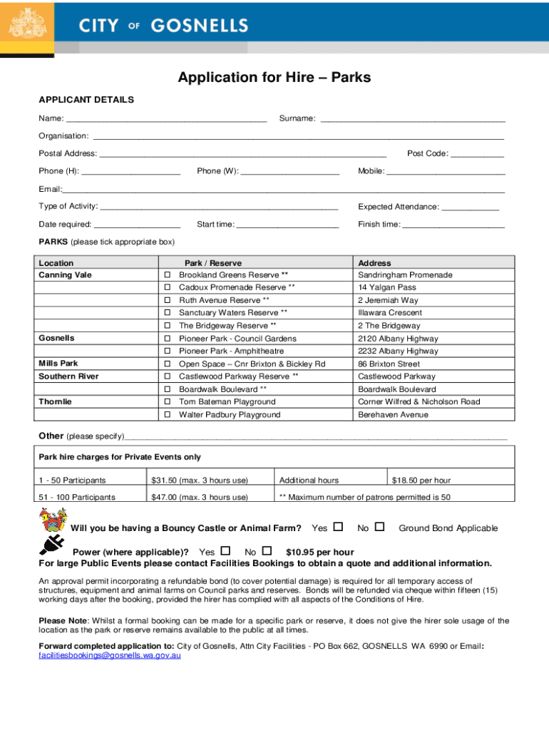 Fillable Online Application to hire a City of South Perth Park/Reserve ...