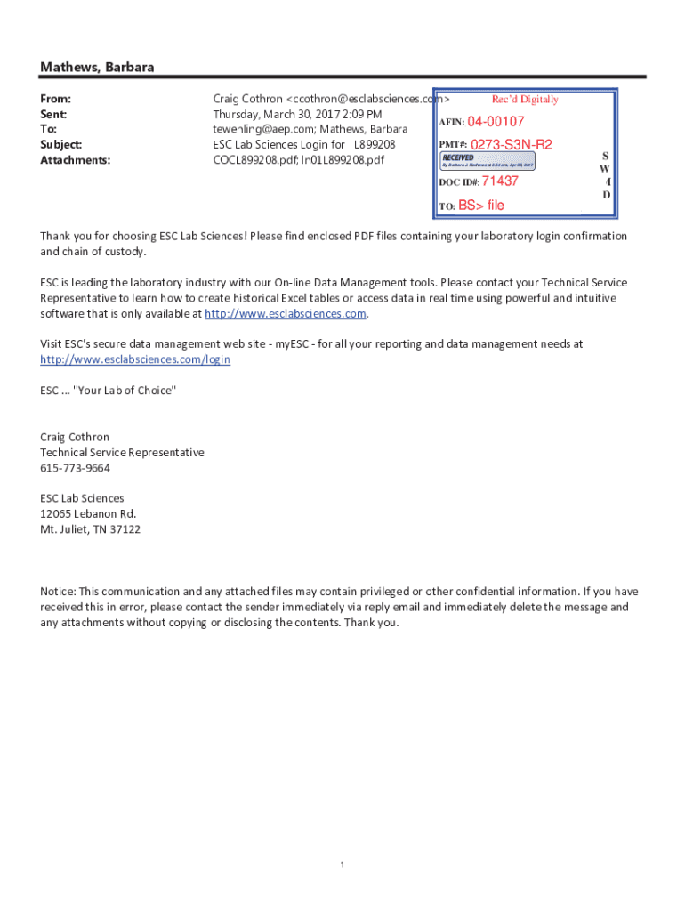 Fillable Online ESC Lab Sciences Login for L899208 Fax Email Print - pdfFiller