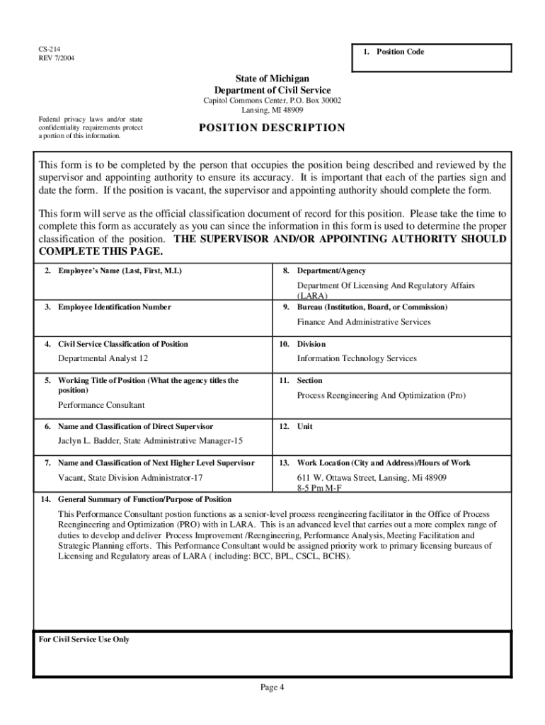 Fillable Online POSITION DESCRIPTION - PDF Free Download Fax Email ...