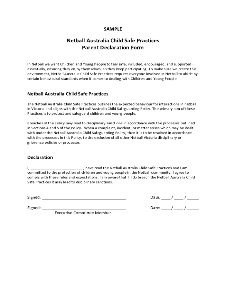 Fillable Online Netball Australia Child Safe Practices Parent ...