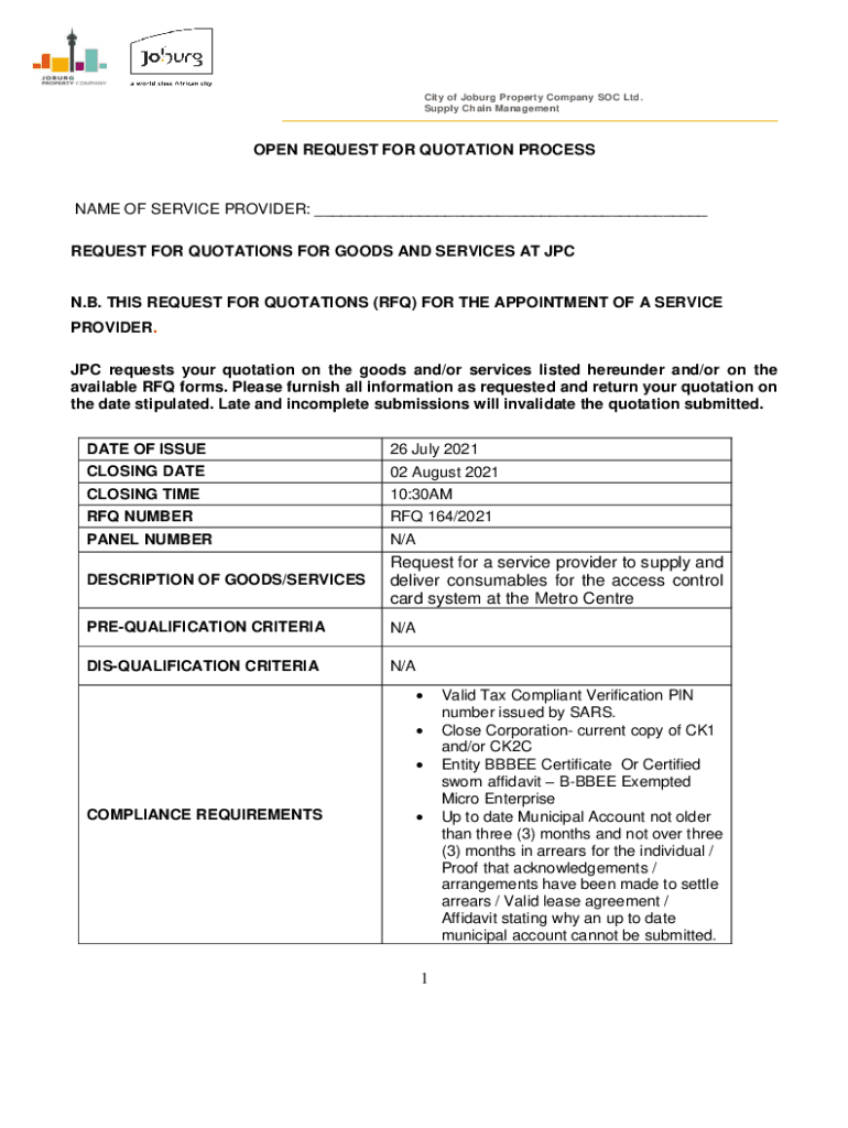 Fillable Online jhbproperty co 1 Request for a service provider to supply and deliver ... Fax ...