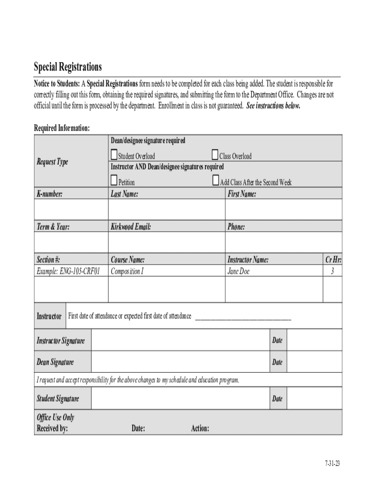 Fillable Online Kirkwood Special Registrations Form. Special Registrations Fax Email Print ...