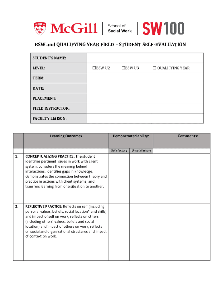 Fillable Online BSW Field Education Internship Learning Plan Template ...
