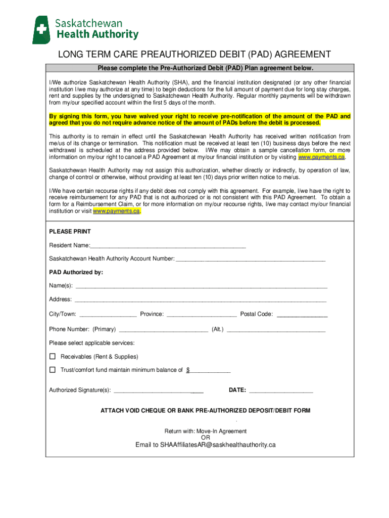 Fillable Online Preauthorized Debit (PAD) Agreement - Providence Place Fax Email Print - pdfFiller