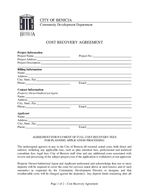 Fillable Online CITY OF BENICIA COST RECOVERY AGREEMENT Fax Email Print ...