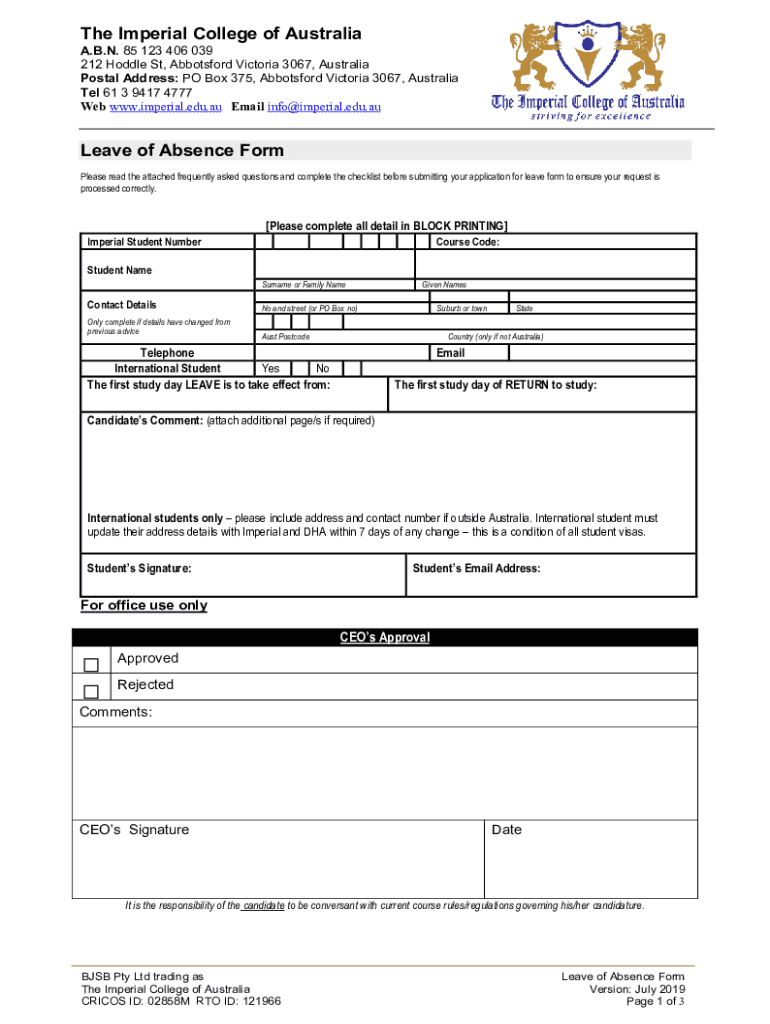 Fillable Online The Imperial College of Australia Leave of Absence Form ...