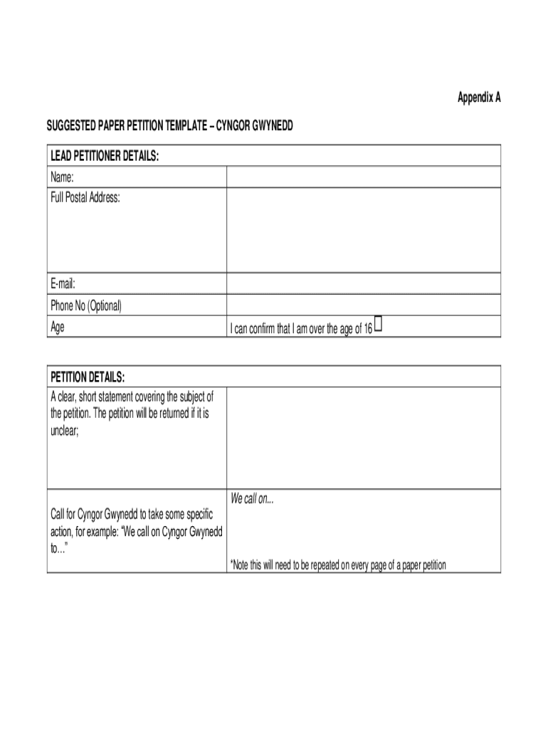 Fillable Online The following is a template for use in preparing a petition ... Fax Email Print ...