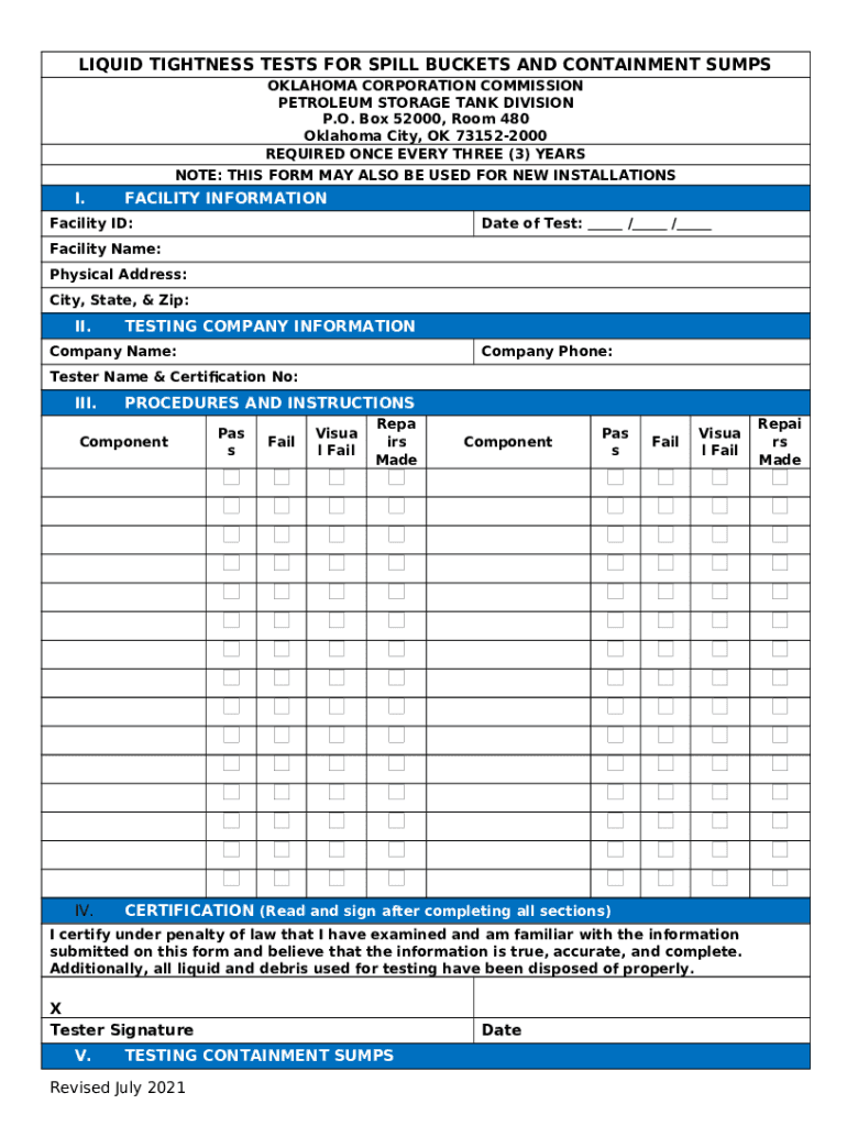 Liquid Tightness Tests for Spill Buckets and Containment Sumps Doc ...