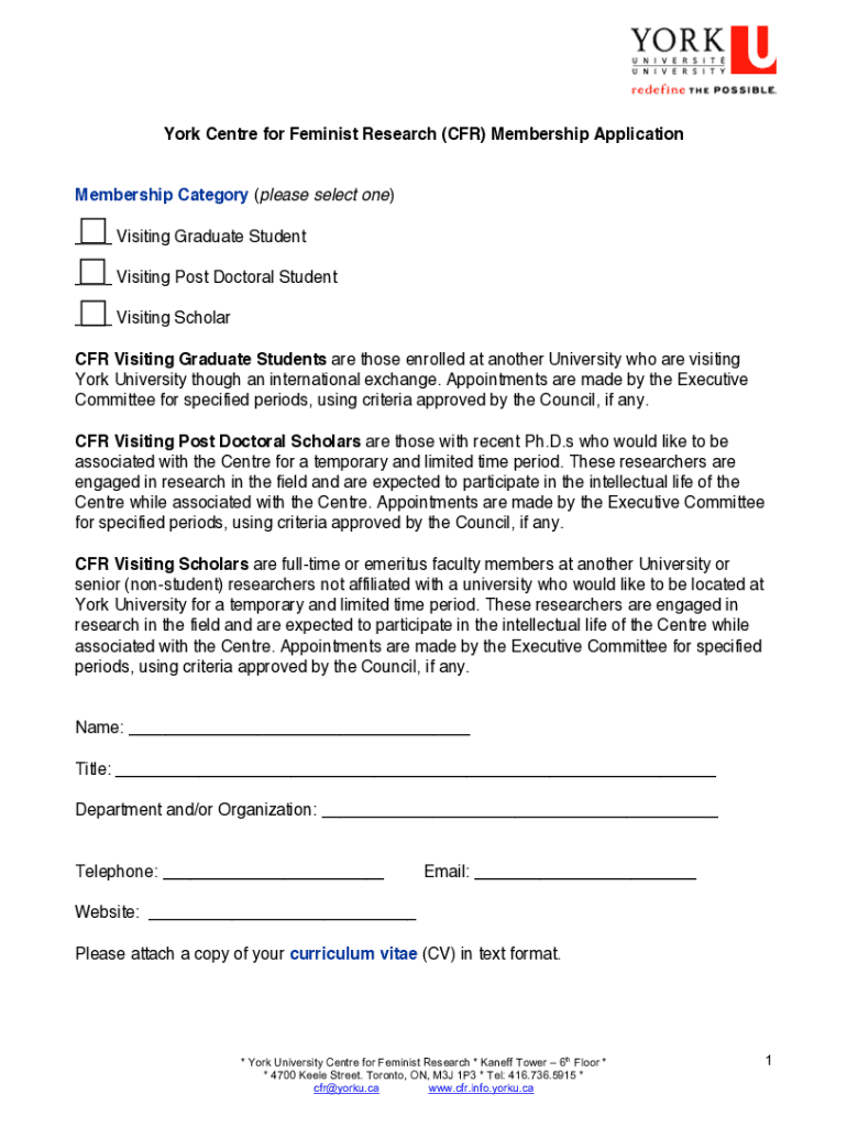 Fillable Online York Centre for Feminist Research (CFR) Membership ...
