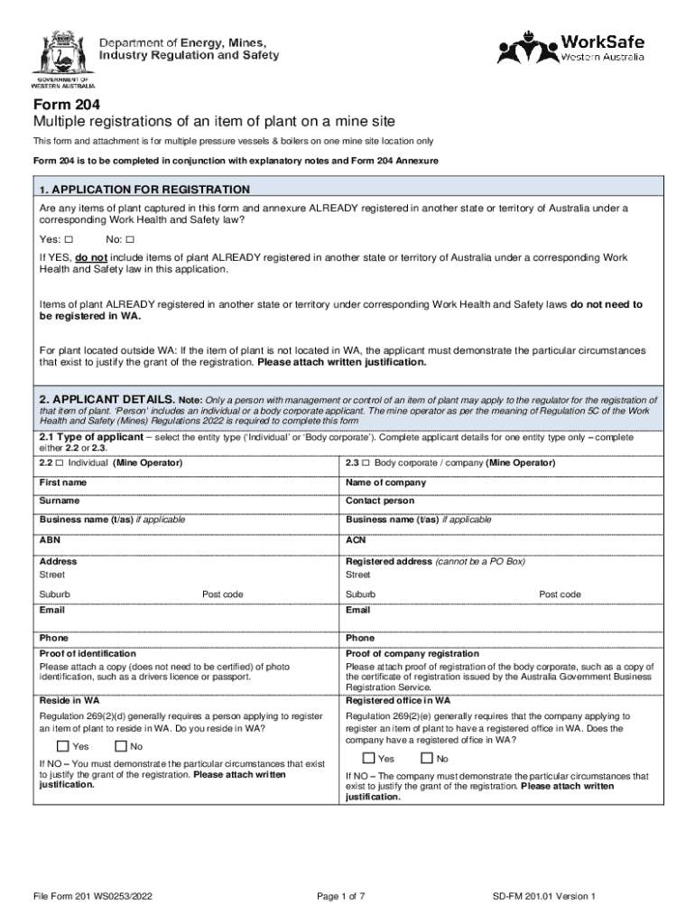 Fillable Online Form 204. Mulitple registrations of an itme of plant on a mine site Fax Email ...