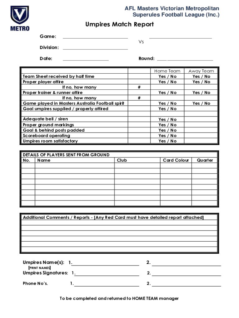 Fillable Online AFL Masters Victorian Metropolitan Superules ...