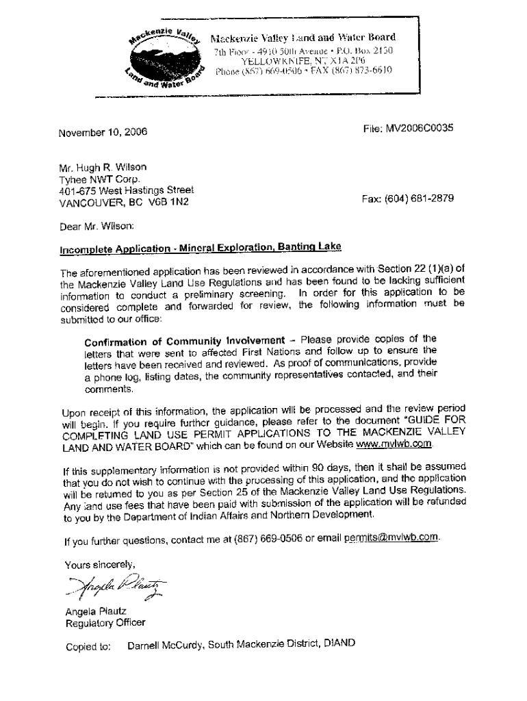 Fillable Online Incomplete Application - Mineral Exploration, Banting ...