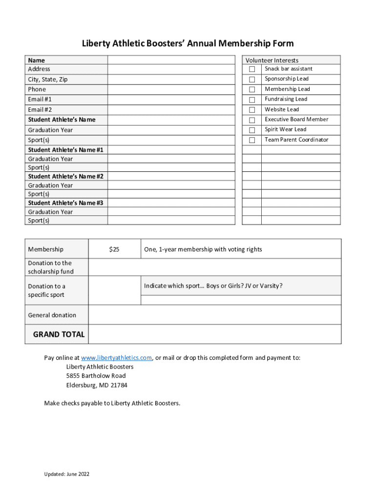 Fillable Online Liberty Athletic Boosters' Annual Membership Form Fax ...